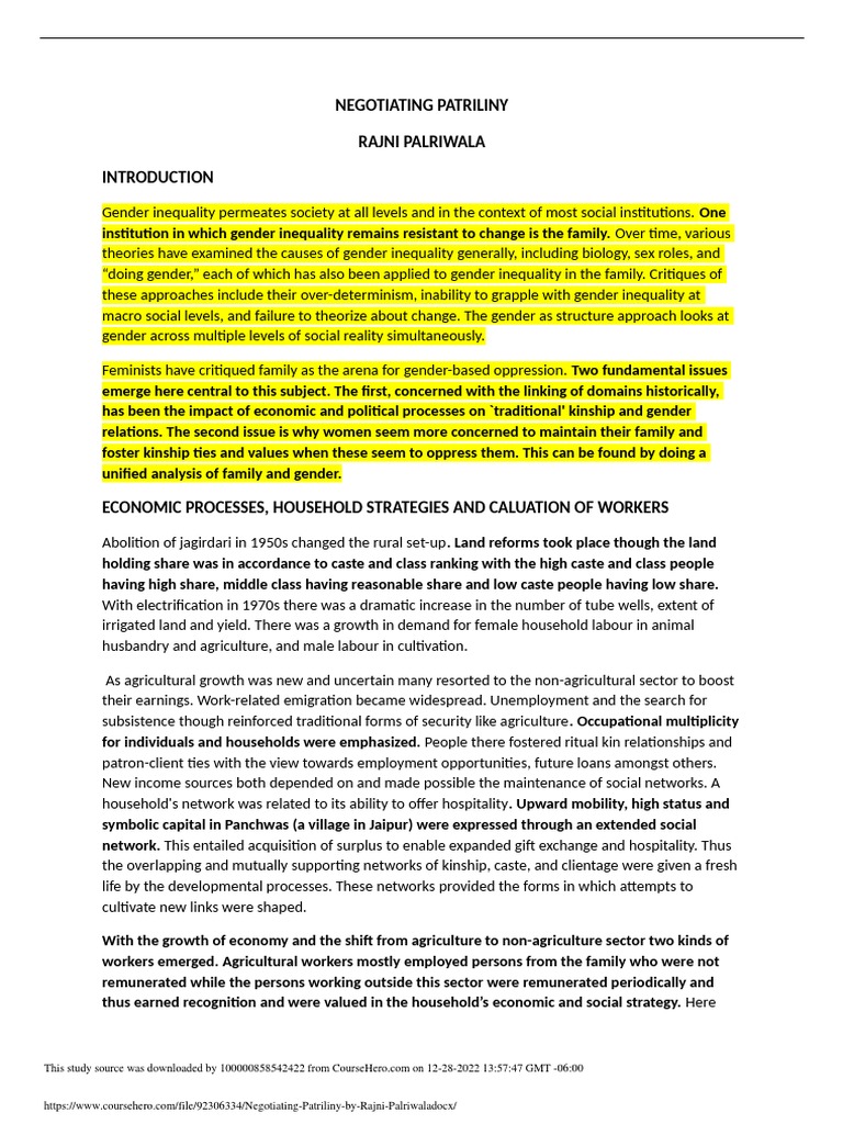 Negotiating Patriliny by Rajni Palriwala | PDF | Family | Gender