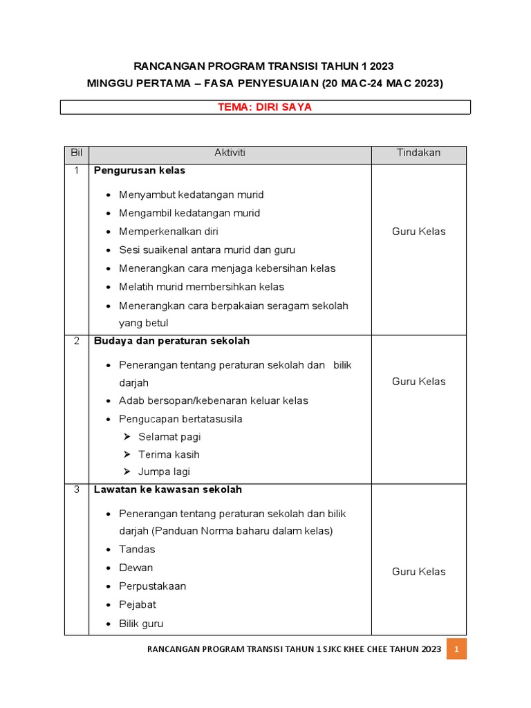 RANCANGAN PROGRAM TRANSISI TAHUN 1 2023.docx | PDF