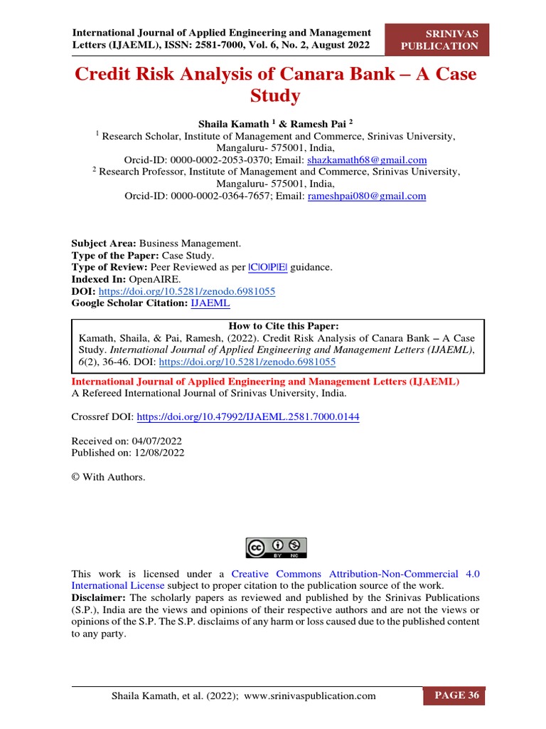 Credit Risk Analysis of Canara Bank - A Case Study | Download Free PDF | Banks | Loans