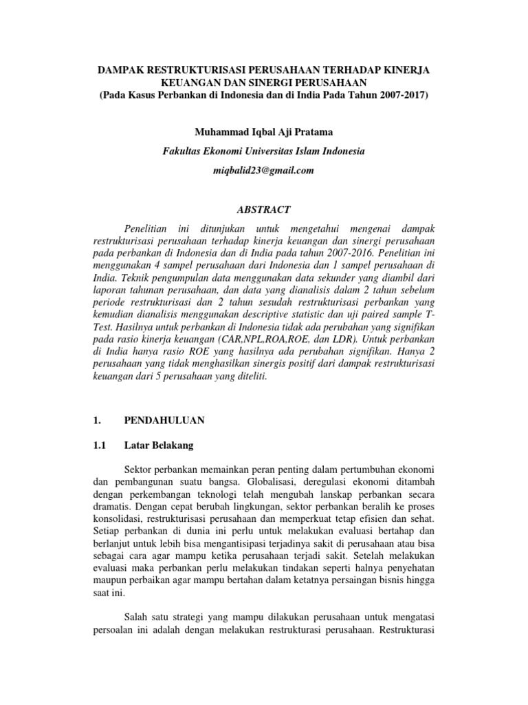 JURNAL - DAMPAK RESTRUKTURISASI PERUSAHAAN TERHADAP KINERJA KEUANGAN DAN SINERGI PERUSAHAAN | PDF
