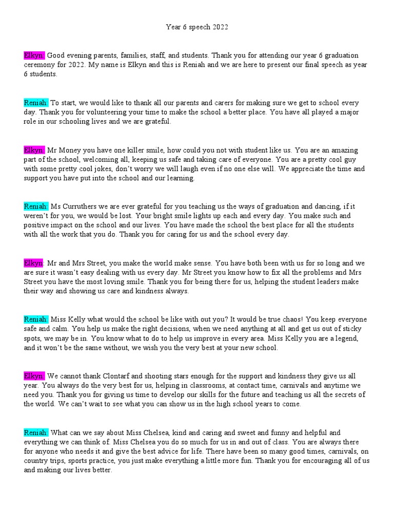 Year 6 Speech 2022 | PDF | Teachers