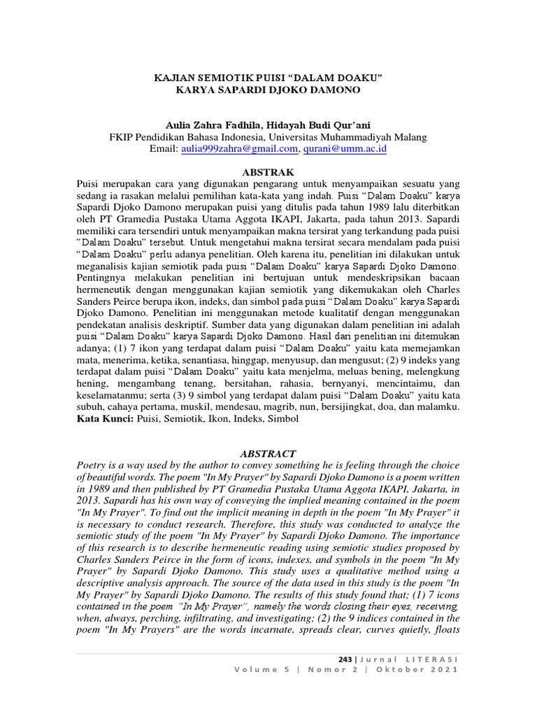 ANALISIS SEMIOTIK PUISI 'DALAM DOAKU' KARYA SAPARDI DJOKO DAMONO | PDF