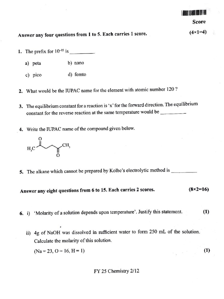 Kerala Plus One Chemistry Model Exam Question Paper Feb 2023 PDF | PDF