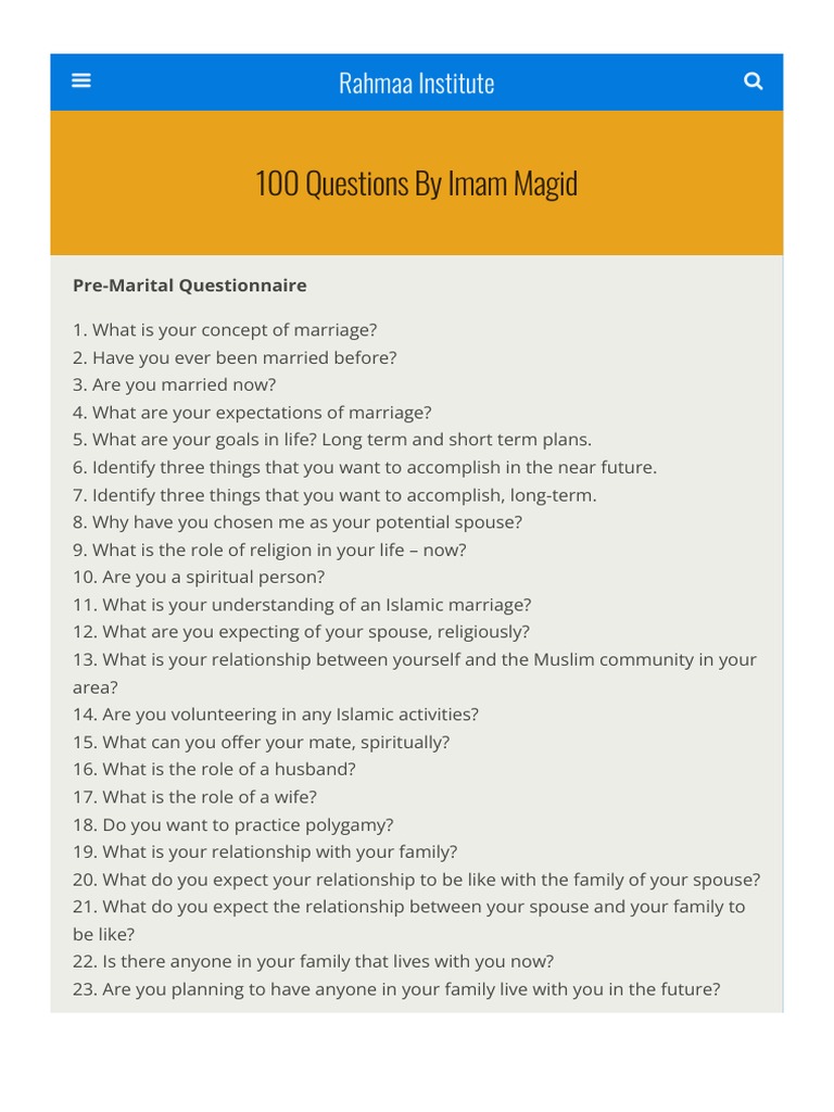 100 Questions by Imam Magid - Rahmaa Institute | PDF | Anger | Marriage