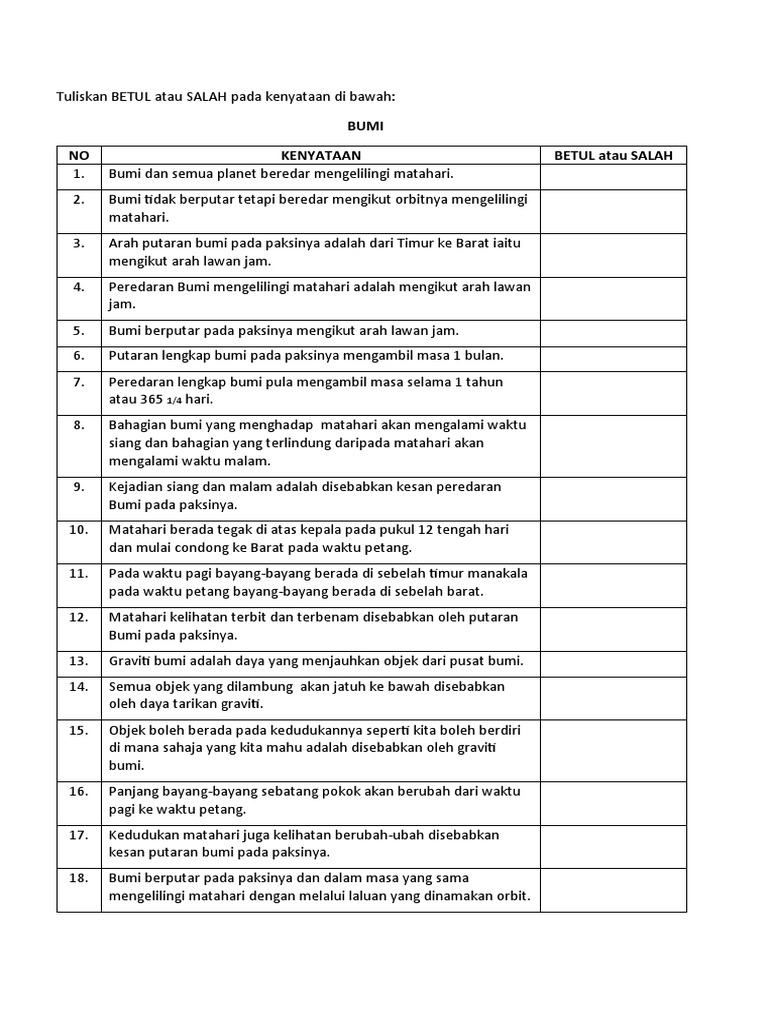 Tuliskan BETUL Atau SALAH Pada Kenyataan Di Bawah | PDF | Sains ...
