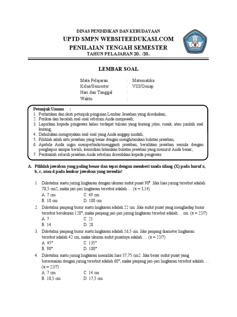 Soal PTS MTK Kelas 8 Genap | PDF