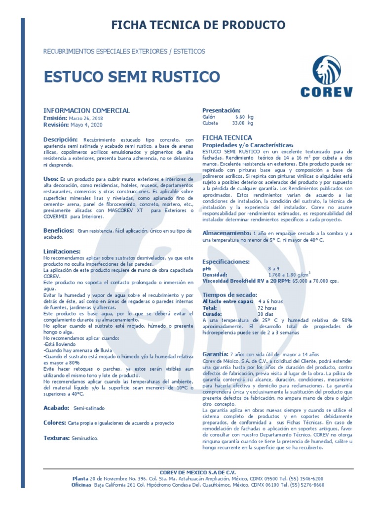Ficha Tecnica Estuco Semi Rustico | PDF | Agua | Hormigón
