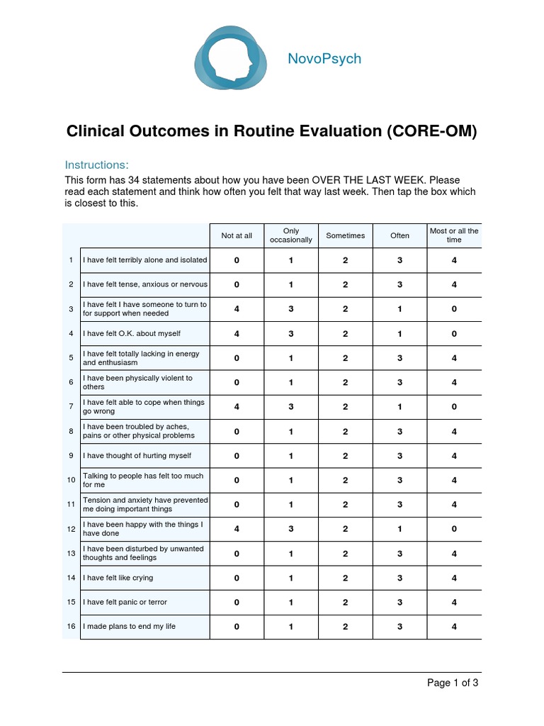 Clinical Outcomes in Routine Evaluation CORE OM | PDF | Anxiety ...