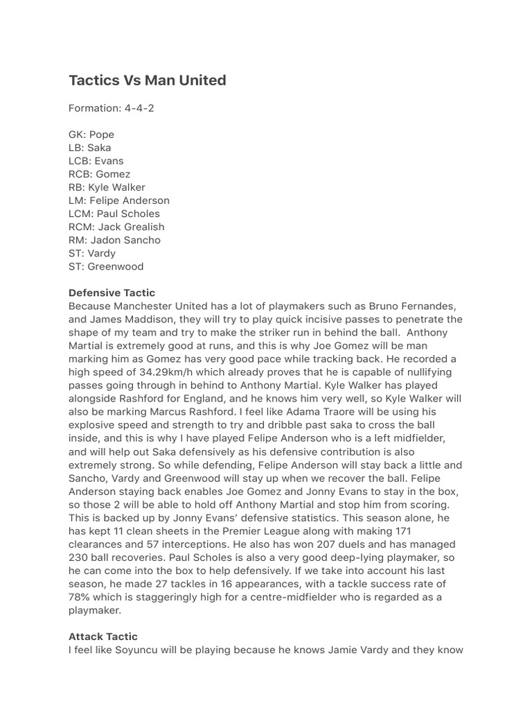 Tactics Vs Man United | PDF | Association Football | Premier League Clubs