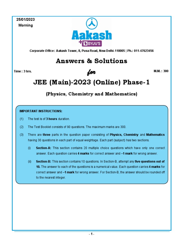 Answer and Solutions - JEE - Main 2023 - PH 1 - 25 01 2023 - Morning - Shift 1 PDF | PDF ...