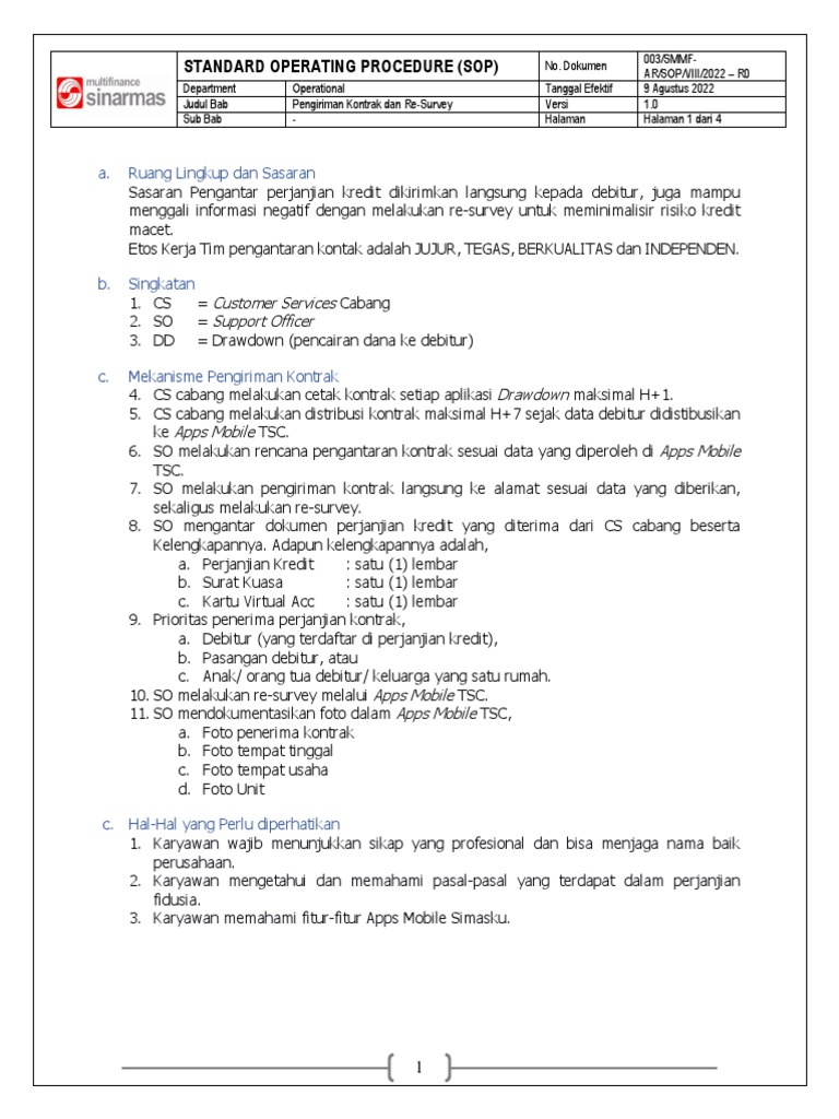 (2022) SOP Pengiriman Kontrak Debitur#1-R0 | PDF