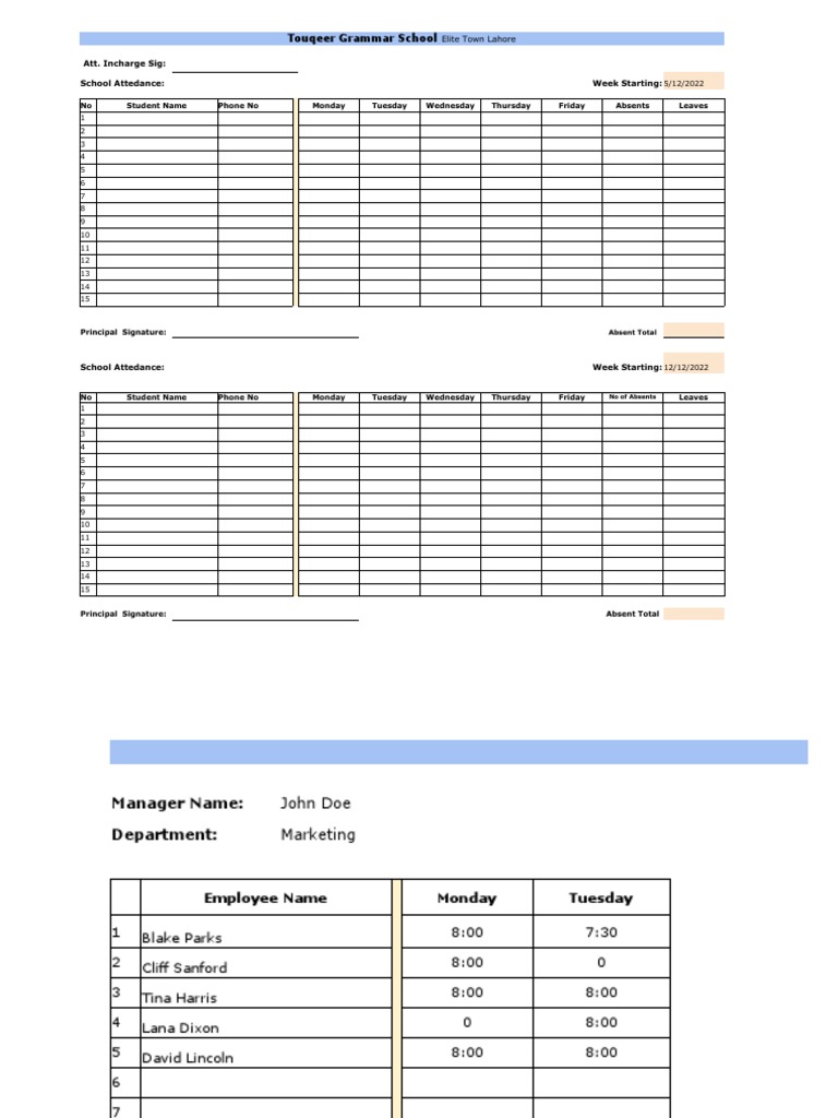 Weekly Employee Attendance Sheet Excel | PDF