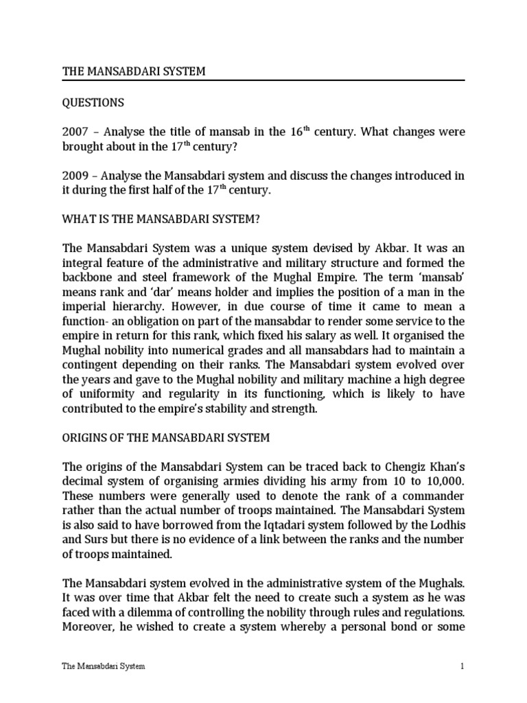 The Mansabdari System | PDF | Mughal Empire