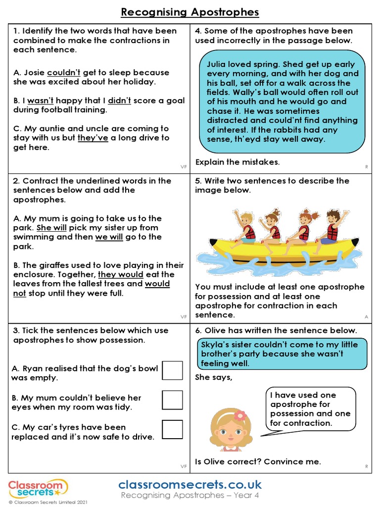 GPS Year 4 Spring Block 1 Step 1 Recognising Apostrophes Main Activity ...