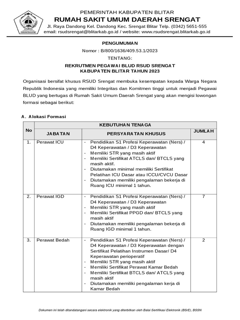 Rekrutmen Pegawai BLUD RSUD Srengat Kabupaten Blitar 2023.pdf | PDF