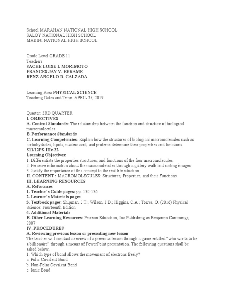 Biological Macromolecules Lesson Plan | PDF | Chemical Bond | Chemical ...