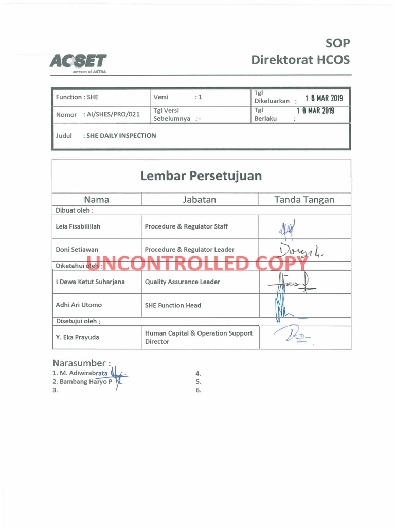 AI-SHES-PRO-021-00 SOP Daily Inspection | PDF