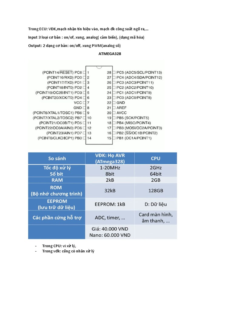 Trong ECU: VĐK,mạch nhận tín hiệu vào, mạch đk công suất ngõ ra,… Input 3 loại cơ bản: on/of ...