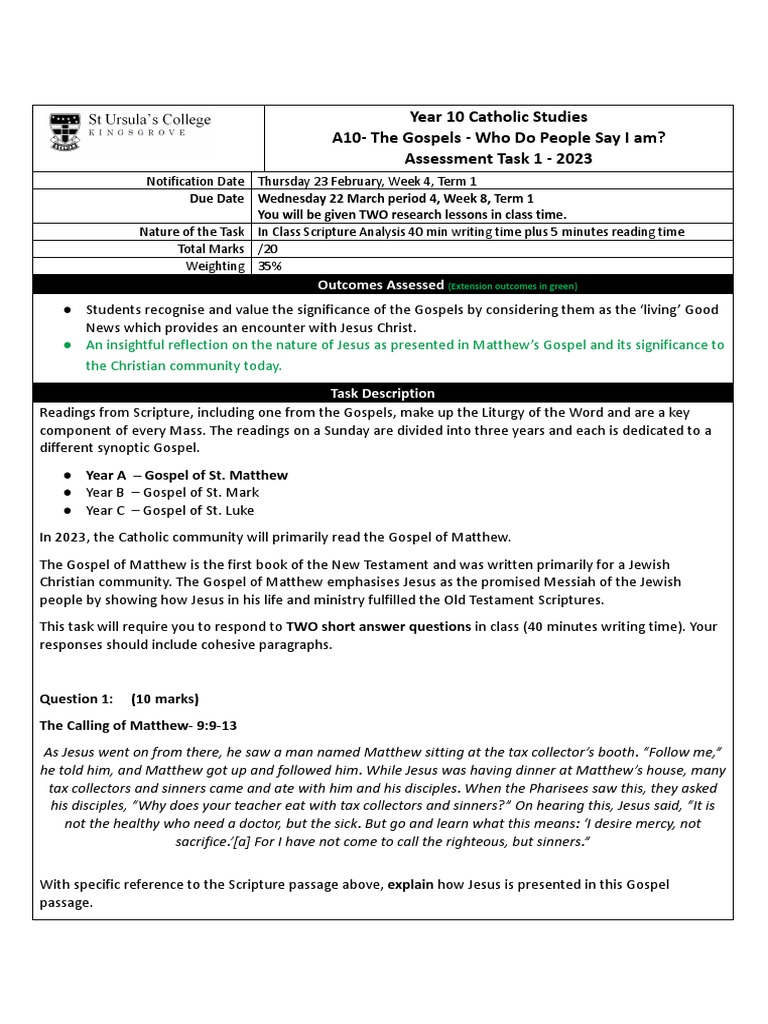 Year 10 Catholic Studies Task 1 2023 | PDF | Gospels | Gospel Of Matthew