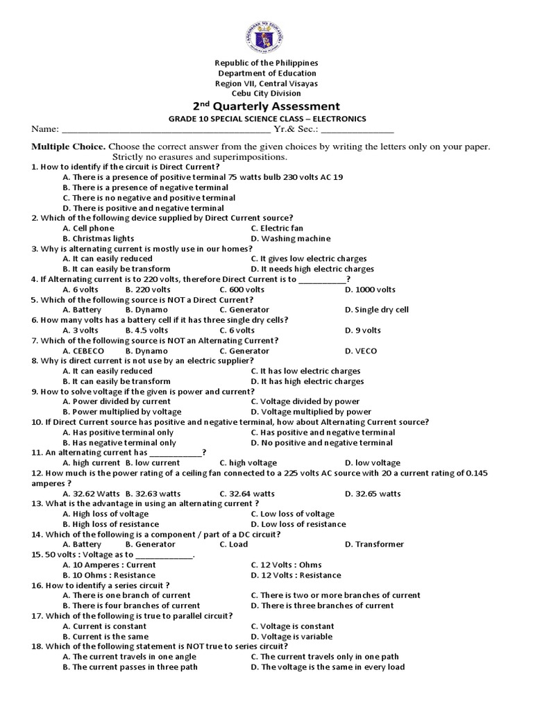 Second Quarter Periodical Test - Electronics | PDF | Wire | Series And ...