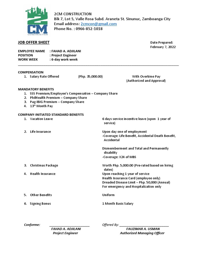 Job Offer Sheet | Download Free PDF | Employment | Economies