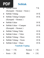 Daftar Menu Seblak Prasmanan Lengkap | PDF