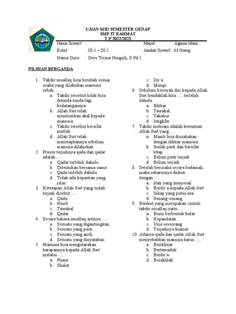 Ujian Mid Semester Genap Agama Ix | PDF