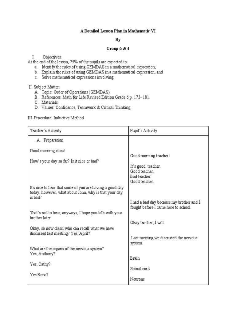 A Detailed Lesson Plan in Mathematic VI g4 and 6 | PDF | Amphibian ...