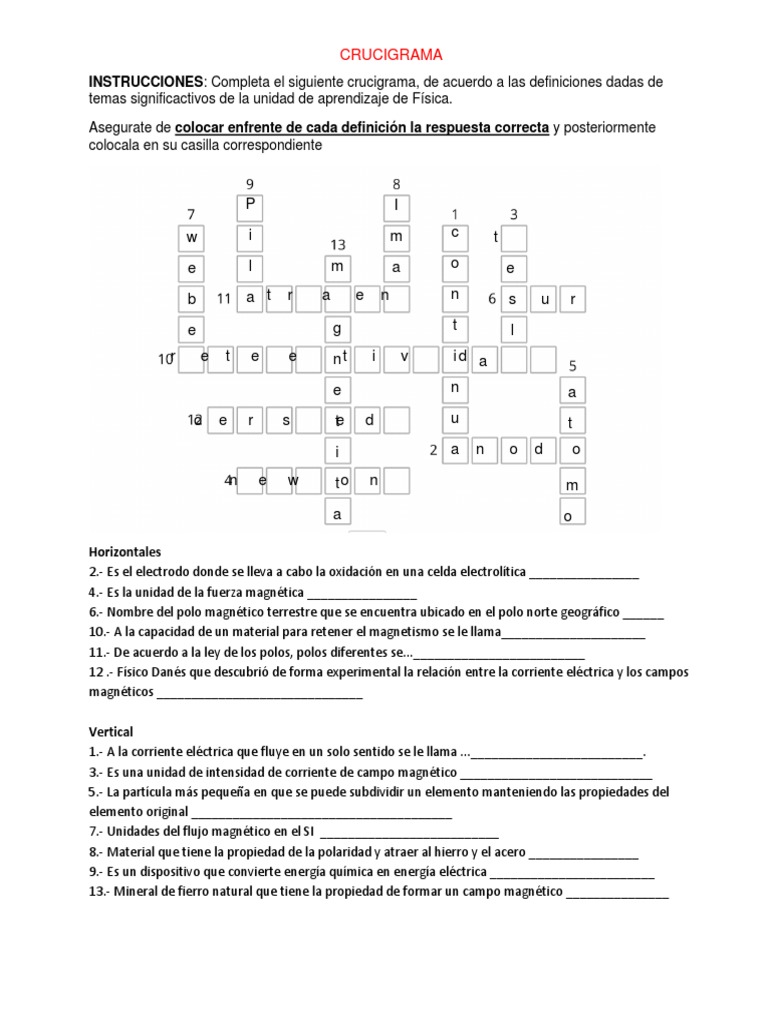 Crucigrama | PDF | Campo magnético | Corriente eléctrica