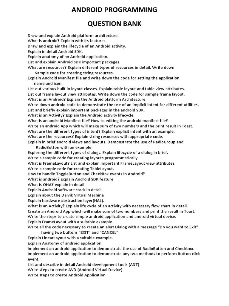 Mid Semeter Exam Question Bank | PDF | Android (Operating System) | Application Software