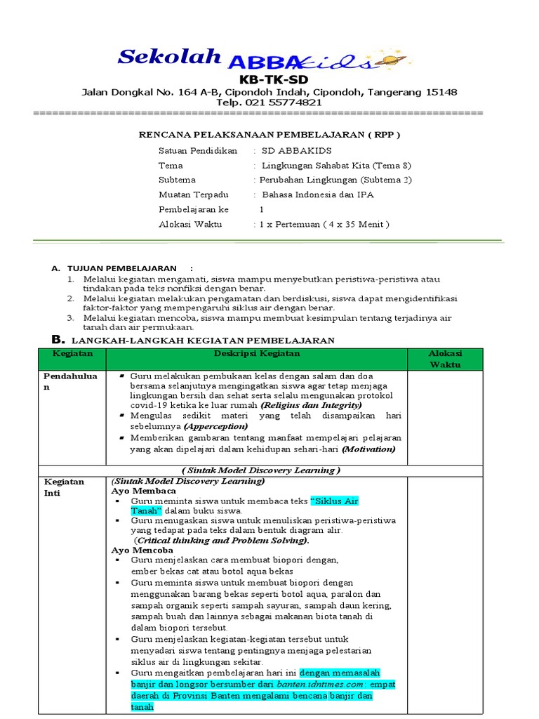 RPP Adiwiyata Kelas 5 B PB 1 ST2 Tema 8 | PDF