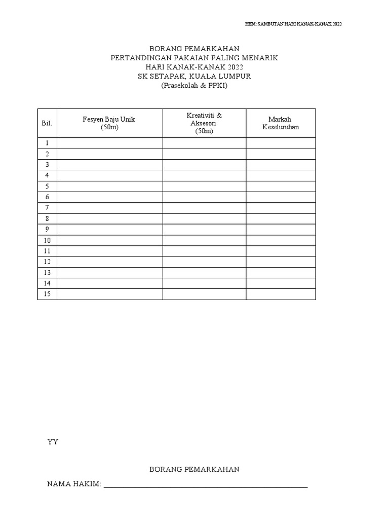 Borang Penjurian Hari Kanak-Kanak | PDF