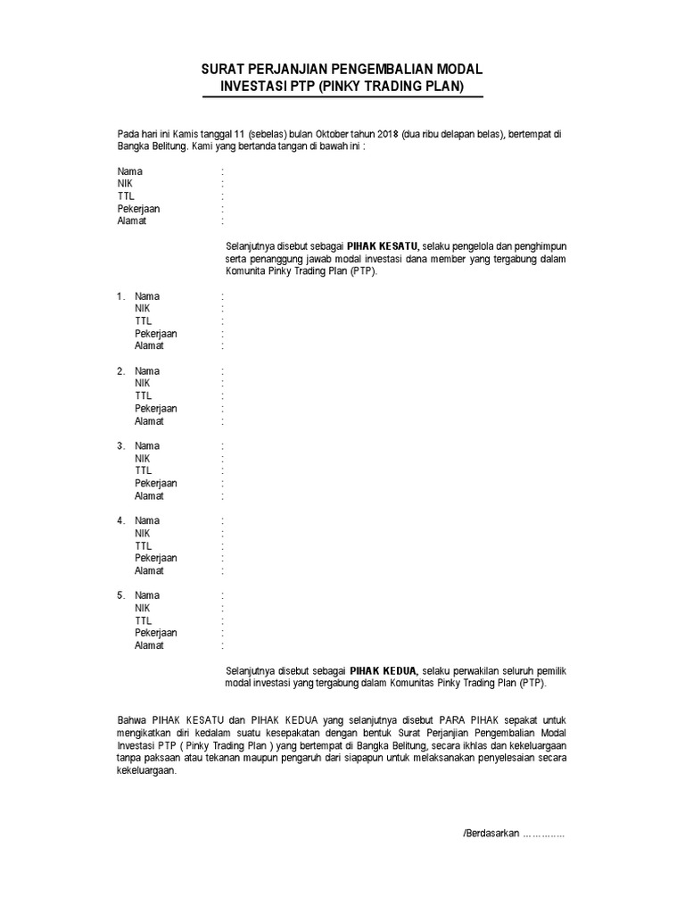 Surat Perjanjian Pengembalian Modal PDF | PDF