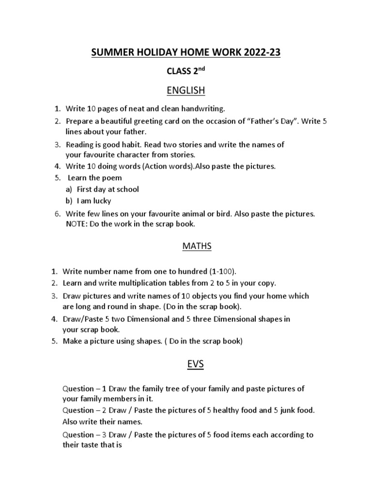KV VP Summer Holiday Homework Class-II To V Session 2022-23 (Ist Shift ...