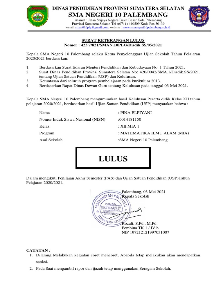 Lulus: Sma Negeri 10 Palembang | PDF