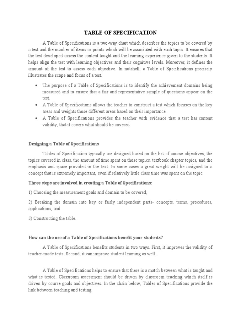 TABLE OF SPECIFICATION-ed 106 | PDF | Multiple Choice | Cognition