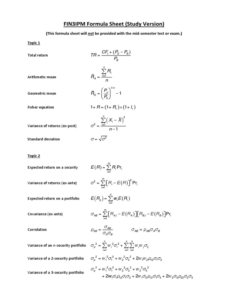 Portfolio Management Formula Sheet | PDF | Variance | Statistical Analysis