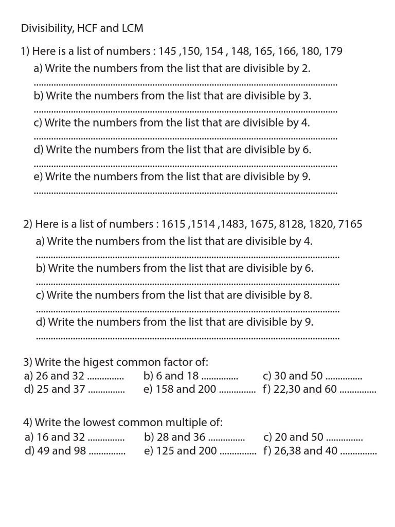 Exercise 1 Divisibility, HCF, LCM Stage 7 | PDF