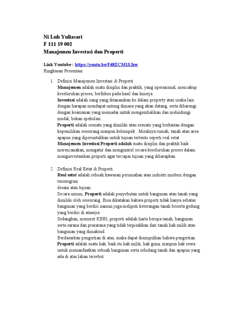 Tugas 1 Manajemen Investasi & Properti Ni Luh Yuliasari - F11119002 | PDF