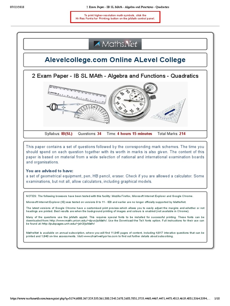 2 Exam Paper - IB SL MAth - Algebra and Functions - Quadratics | PDF ...
