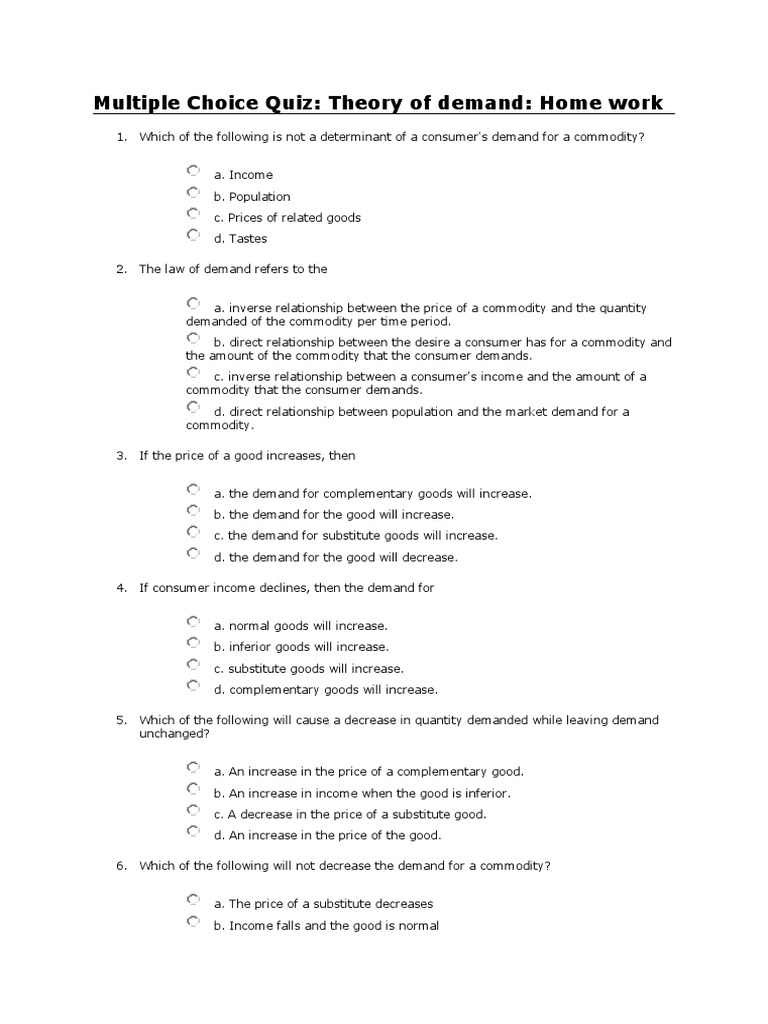 Demand Theory Quiz: Multiple Choice Questions | PDF | Demand | Price ...