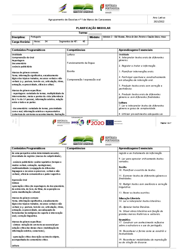 Plano de ensino de Português para o 2o módulo: Gil Vicente, Camões e géneros textuais | PDF ...