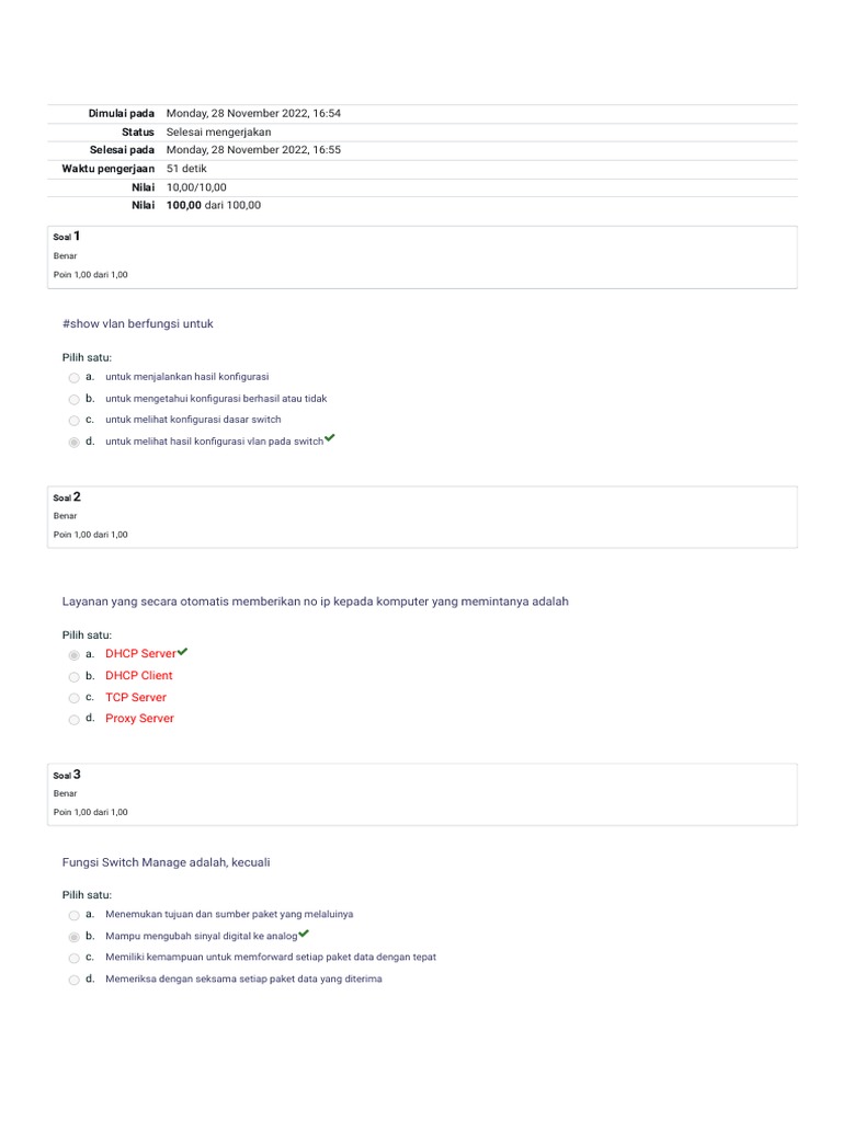 Kumpulan Soal Vlan - Ulasan Hasil Pengerjaan Kuis PDF | PDF