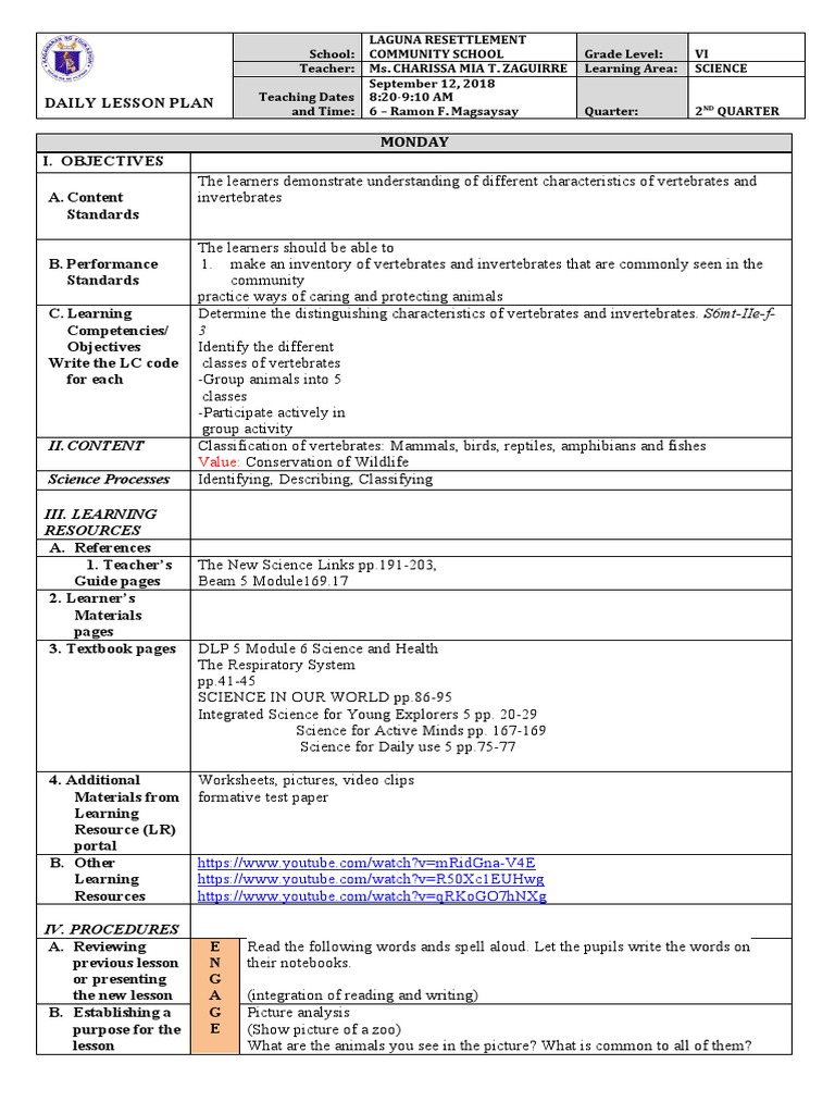 Grade 6 Lesson Plan: Vertebrates | PDF | Amphibian | Egg