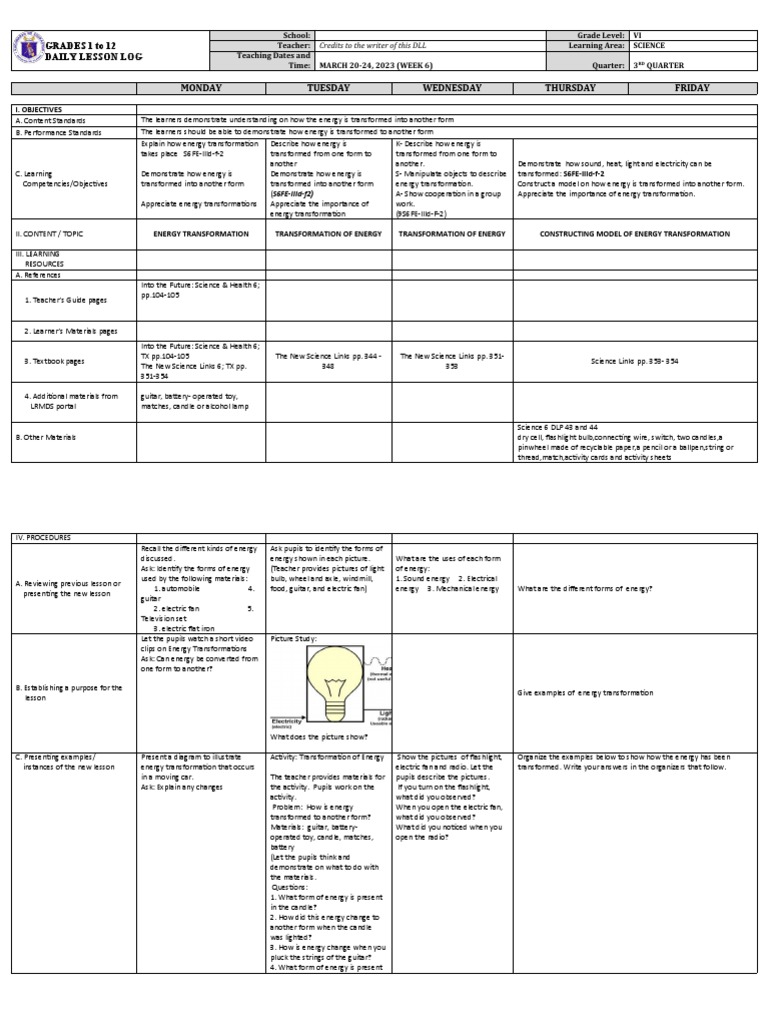 DLL - Science 6 - Q3 - W6 | PDF | Differentiated Instruction | Flashlight