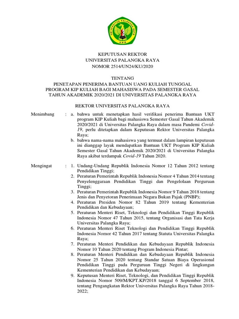 SK 2514 Bantuan UKT Program KIP Kuliah UPR | PDF