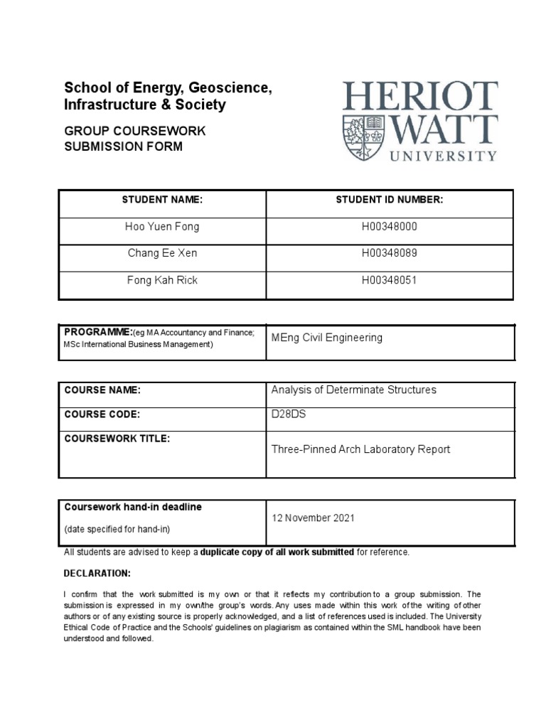 Three Pinned Arch Laboratory Pdf Beam Structure Physical Sciences