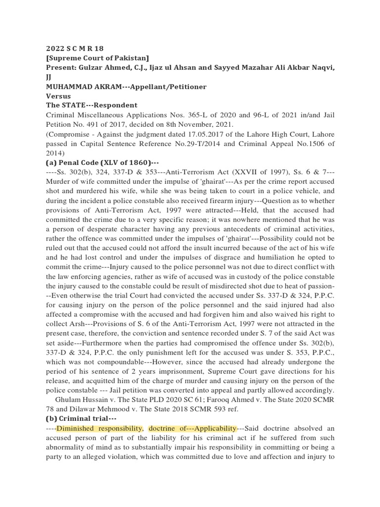 2022 S C M R 18 Doctrine Of Diminished Responsibility Pdf