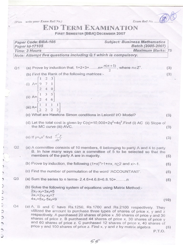 End Teri/F, Ex, Amlr Ation: Paper Code: BBA-105 Subject: Business ...