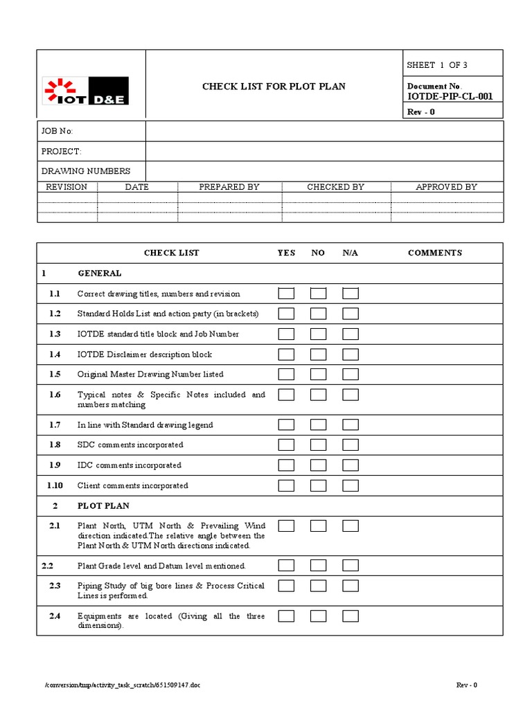 IOTDE-PIP-CL-001 Rev 0 Check List For Plot Plan | PDF | Manufactured Goods